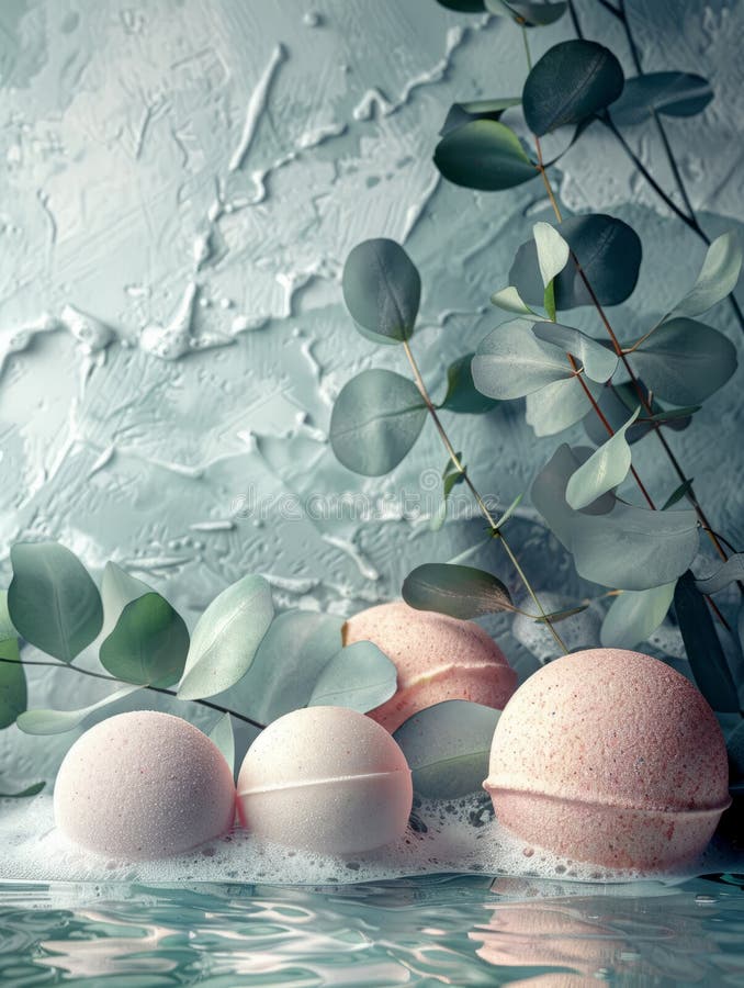 Bath Bombs with Eucalyptus Leaves on Water Surface with Foam Stock ...
