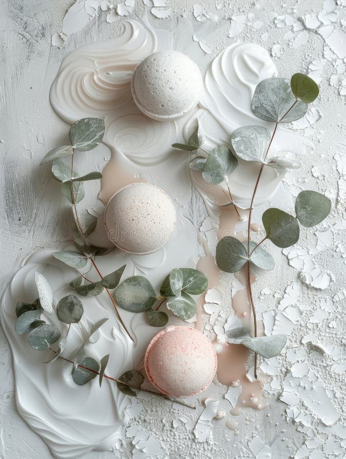 Bath Bombs with Eucalyptus Leaves on Water Surface with Foam Stock ...