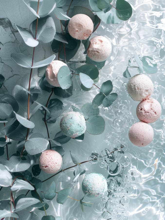 Bath Bombs with Eucalyptus Leaves on Water Surface with Foam Stock ...