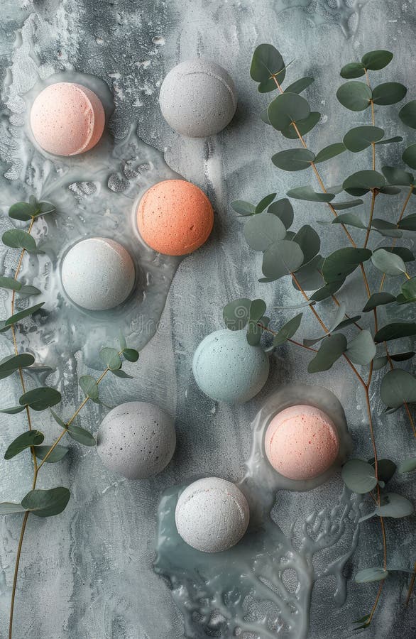 Bath Bombs with Eucalyptus Leaves on Water Surface with Foam Stock ...