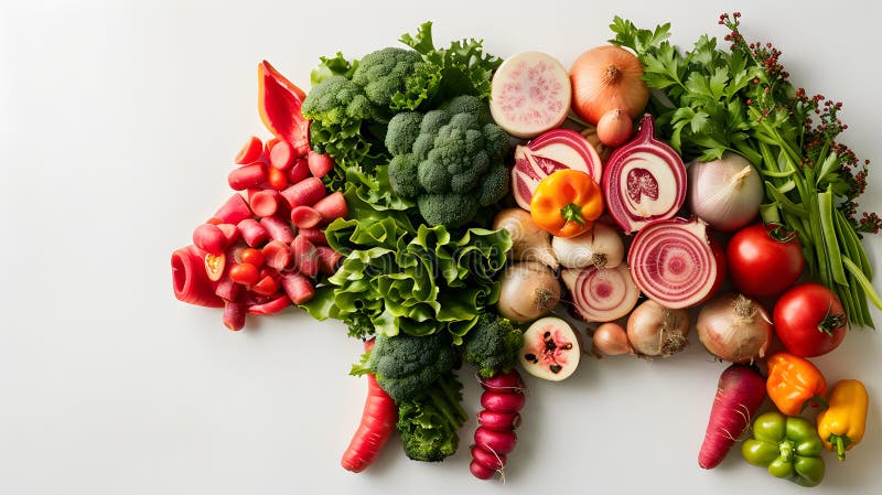 A Plantbased Pig Sculpture with Flowers and Leaf Vegetables on a White ...