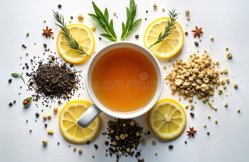 Creative Arrangement of Various Types of Tea with Lemon Slices, Herbs ...