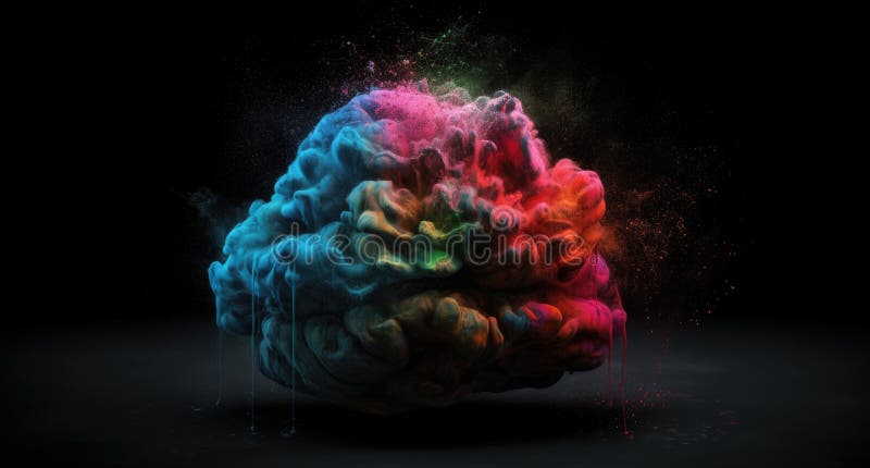 Creative Art Brain Explodes with Paints with Splashes on a Black ...