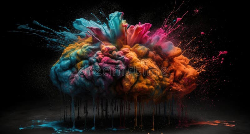 Creative Art Brain Explodes with Paints with Splashes on a Black ...