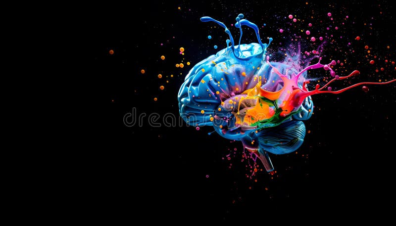 Creative Art Brain Explodes with Paints with Splashes on a Black ...