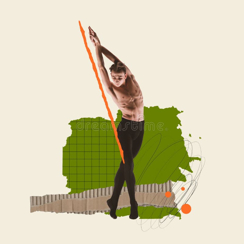 Creative Art Collage. Muscular Young Man, Ballet Dancer Performing ...
