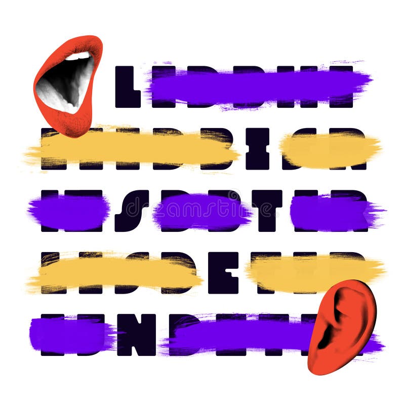 Creative Art Collage. Red Lips and Ears with Bold Painted Text Strokes ...