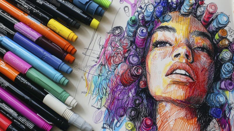 Creative Art Processcolorful Markers Next To Vibrant Portrait Art ...