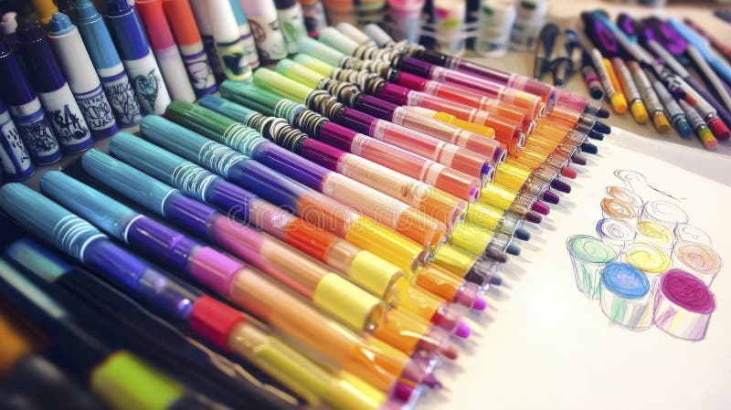 Creative Art Session with Colorful Markers on Table Indoor Studio Art ...