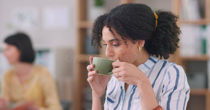 Creative, Art and a Woman Designer Drinking Coffee at Work while ...