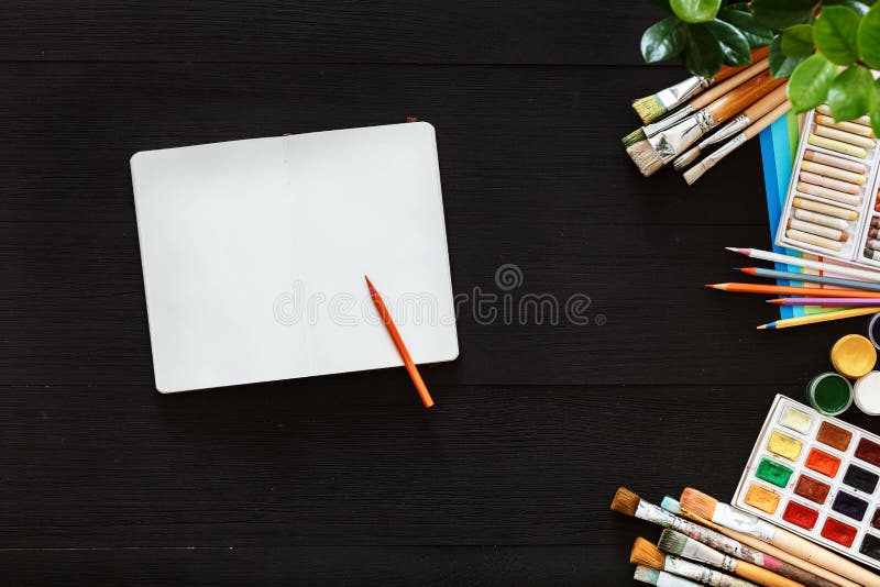 Creative Art Work Table Concept Mock Up Blank Notebook Paintbrushes and ...