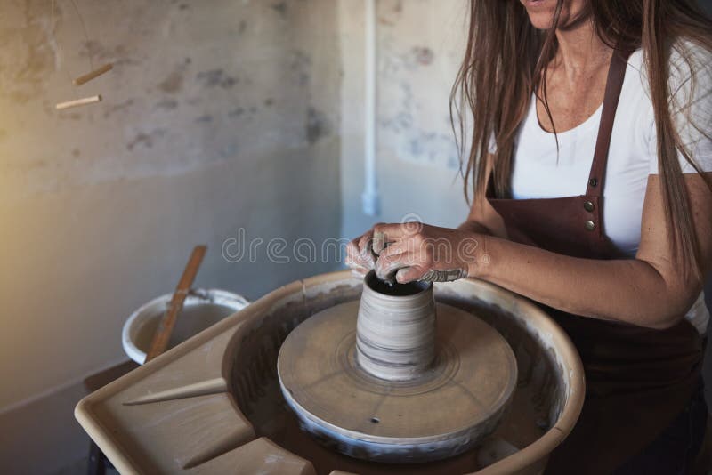 Creative Artisan Shaping Clay on a Wheel in Her Studio Stock Image ...