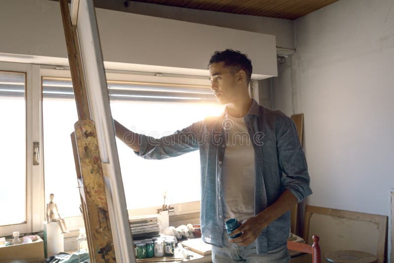 Artist Working in the Studio and Looking at the Painting Stock Image ...