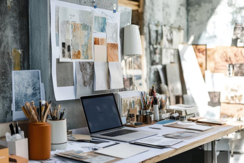Creative Artist Workspace Laptop Design Studio Table Papers Desk Style ...