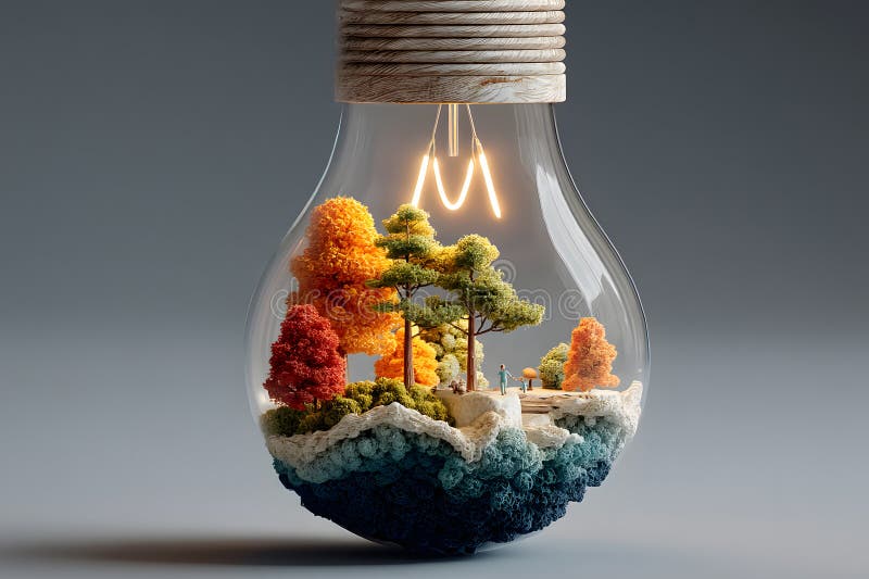 Miniature Landscape Inside Illuminated Light Bulb Stock Illustration ...
