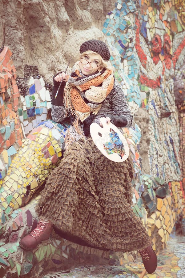 Creative Artistic Woman, Artist, Painter at Work. Outdoor Stock Photo ...