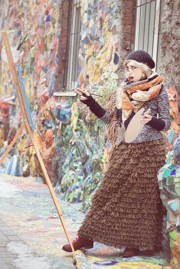 Creative Artistic Woman, Artist, Painter at Work. Outdoor Stock Image ...