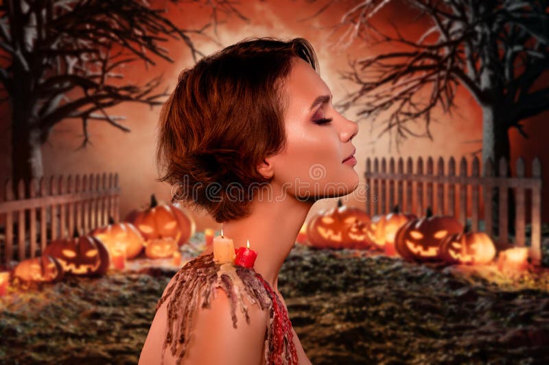 Creative Artwork Collage of Lady with Candles on Shoulders Look Profile ...