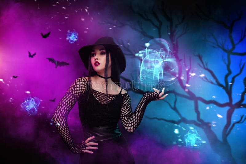 Creative Artwork Collage of Lady Witch Hold Hand Cast Spell Mist for ...