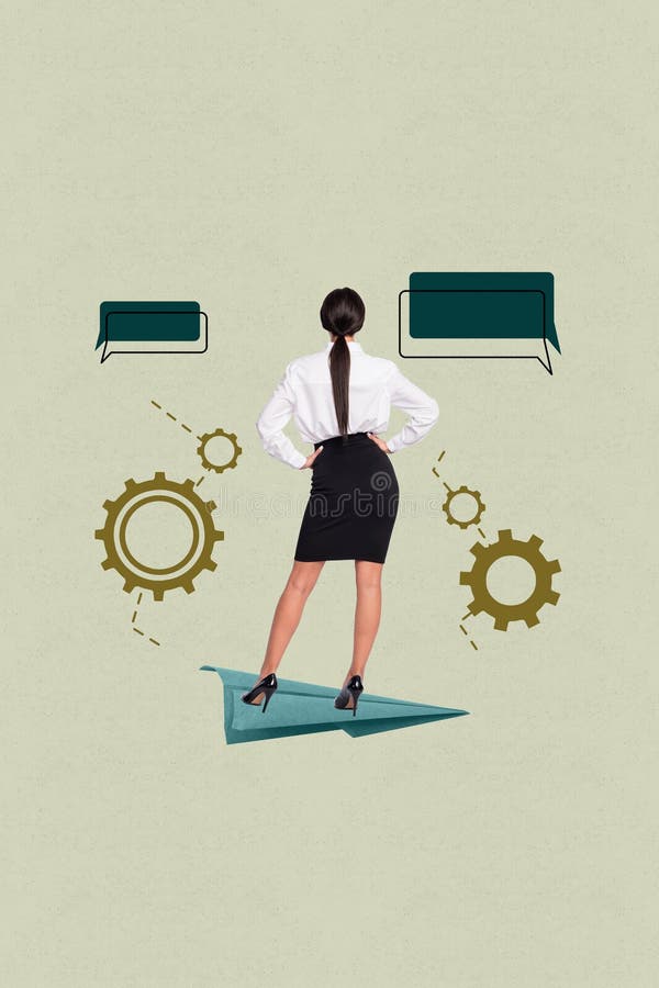 Creative Artwork Collage of Young Business Lady Stand on Flying Plane ...