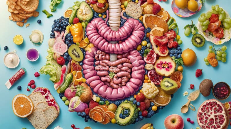 Artistic Illustration of Digestive Tract with Fresh Fruits and ...