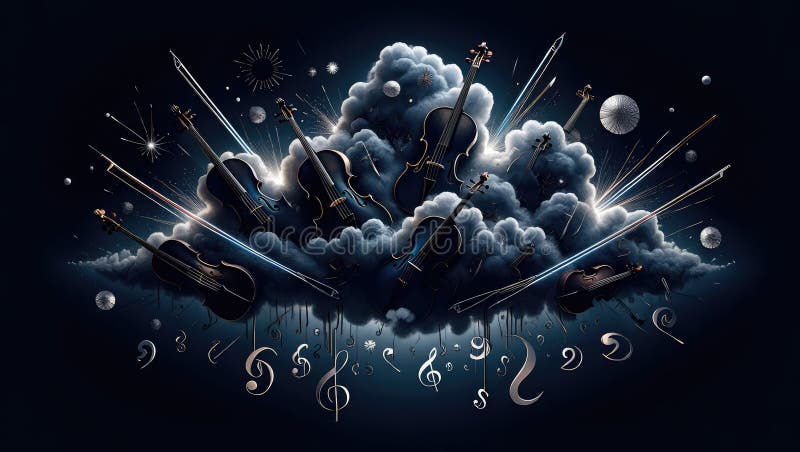 Creative Artwork Featuring Violins, Bows, Musical Notes, and Clouds in ...