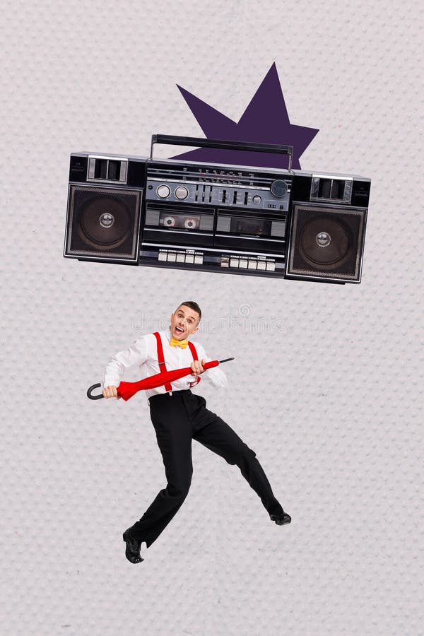 Creative Artwork Image Collage of Young Guy Dancer Moving with Umbrella ...