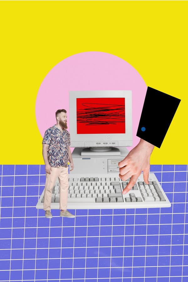 Creative Artwork Image Collage of Young Guy Running Near Computer Pc ...