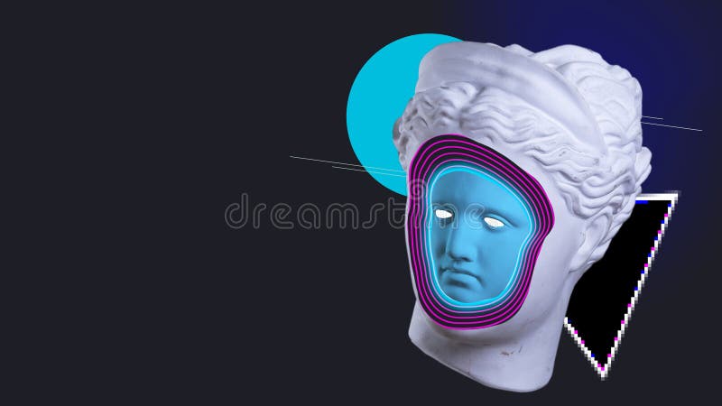 Creative Artwork. Marble Bust with Neon Blue Face and Layered ...