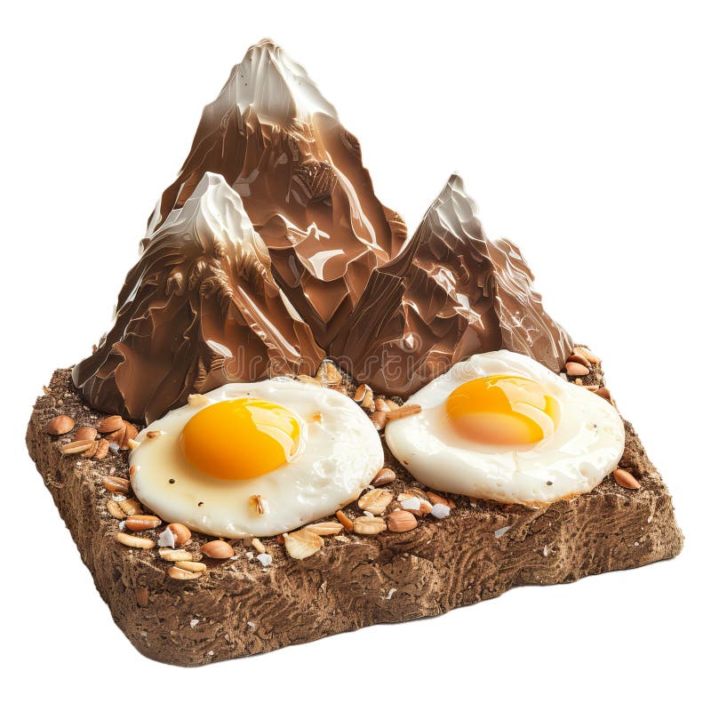 Chocolate Mountains Rising from a Toast with Fried Eggs and Nuts Stock ...