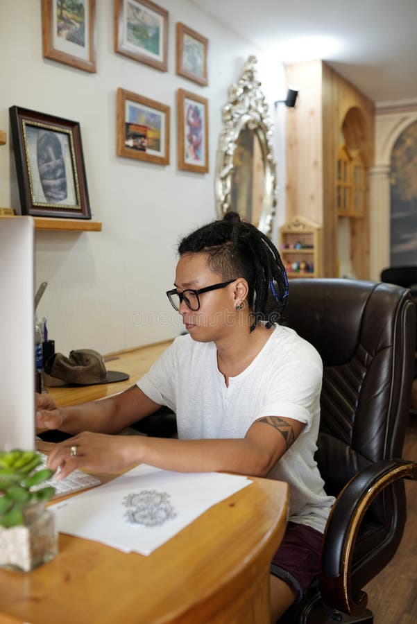 Tattoo Master Working on Computer Stock Photo - Image of workspace ...