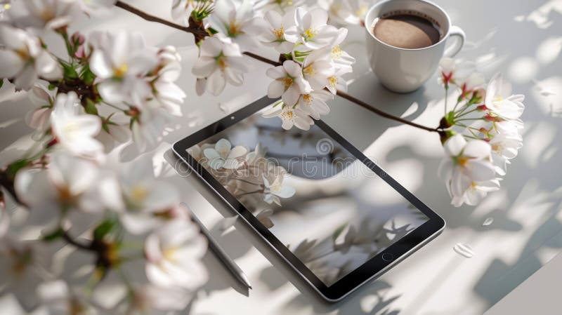Creative Atmosphere: Tablet, Pen and Spring Flowers. Generated by AI ...