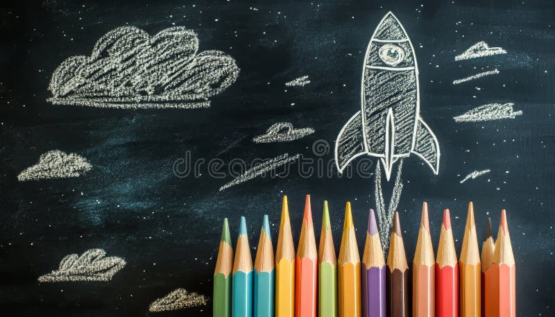 Creative Back To School Concept Featuring Chalk Rocket on Blackboard ...