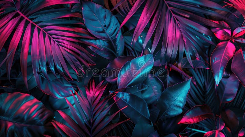 Creative Backdrop with Fluorescent Exotic Leaves Pattern, Evoking ...
