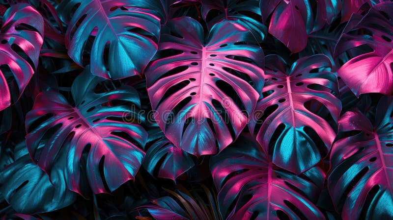 Creative Backdrop with Fluorescent Exotic Leaves Pattern, Evoking ...