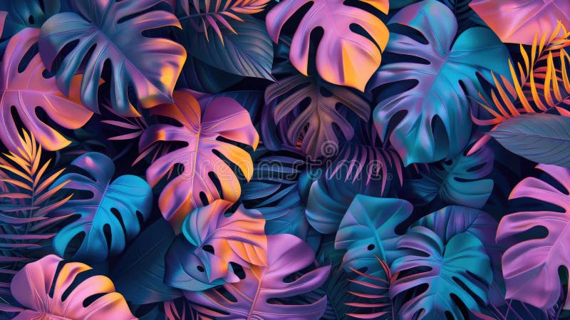 Creative Backdrop with Fluorescent Exotic Leaves Pattern, Evoking ...