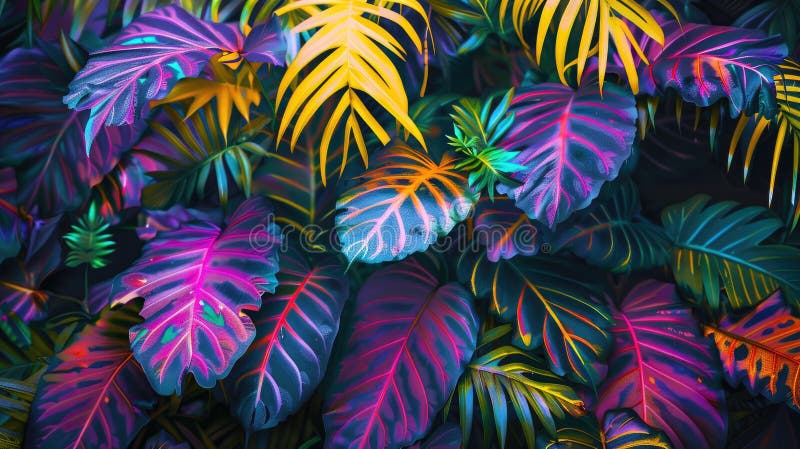 Creative Backdrop with Fluorescent Exotic Leaves Pattern, Evoking ...