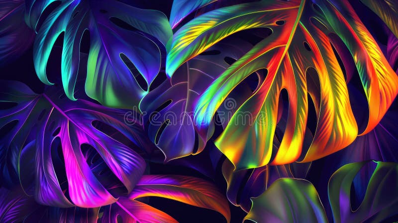 Creative Backdrop with Fluorescent Exotic Leaves Pattern, Evoking ...