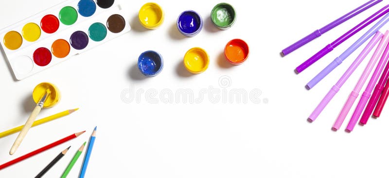Creative Background with Art Supplies on White Table Stock Image ...