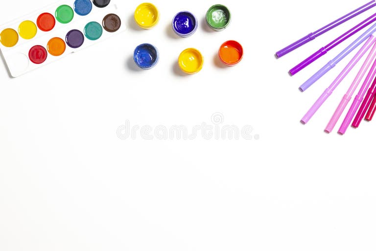 Creative Background with Art Supplies on White Background Stock Photo ...