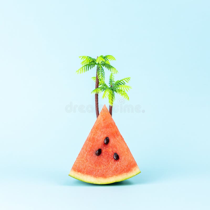 Creative Background with Watermelon and Palm Tree on Pastel Blue ...