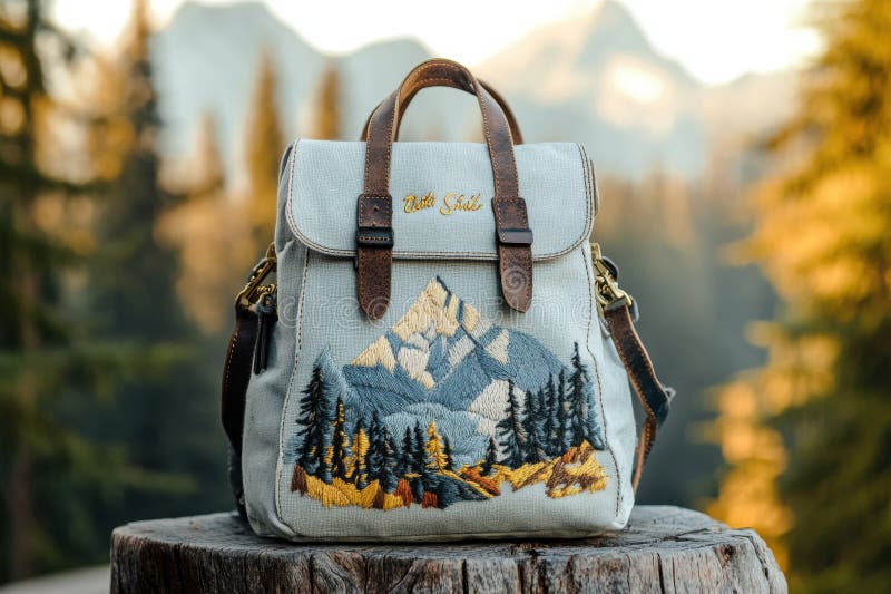 Creative Backpack Featuring Embroidered Pine Landscape and Rocky Peaks ...