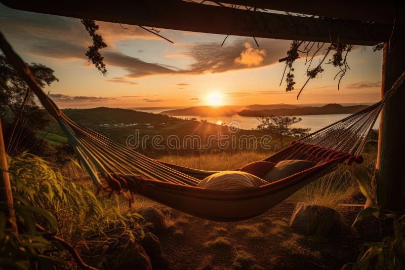 Creative Backyard Escape with a Hammock and View of the Sunset Stock ...