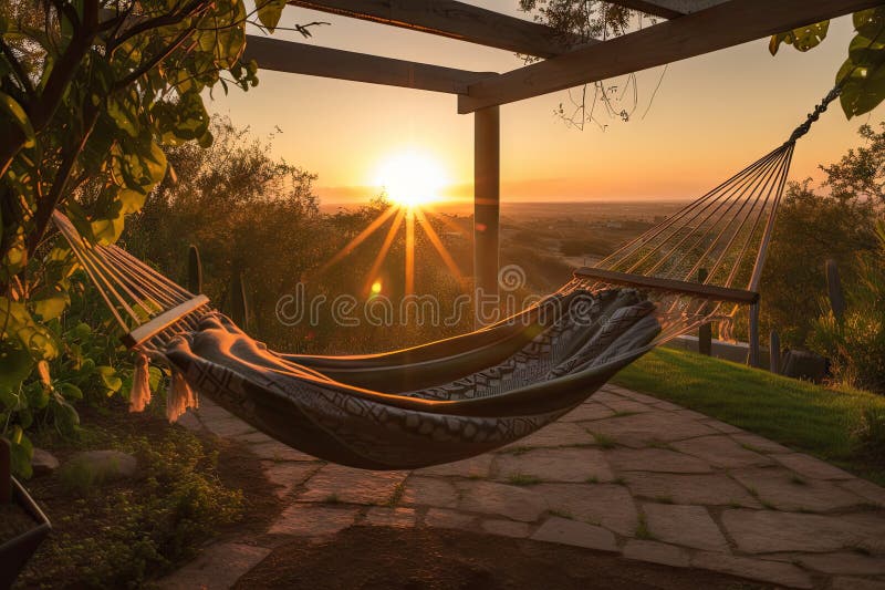 Creative Backyard Escape with a Hammock and View of the Sunset Stock ...