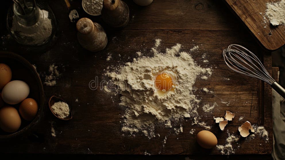 Creative Baking Setup with Wooden Board Flour and Cracked Egg in Rustic ...