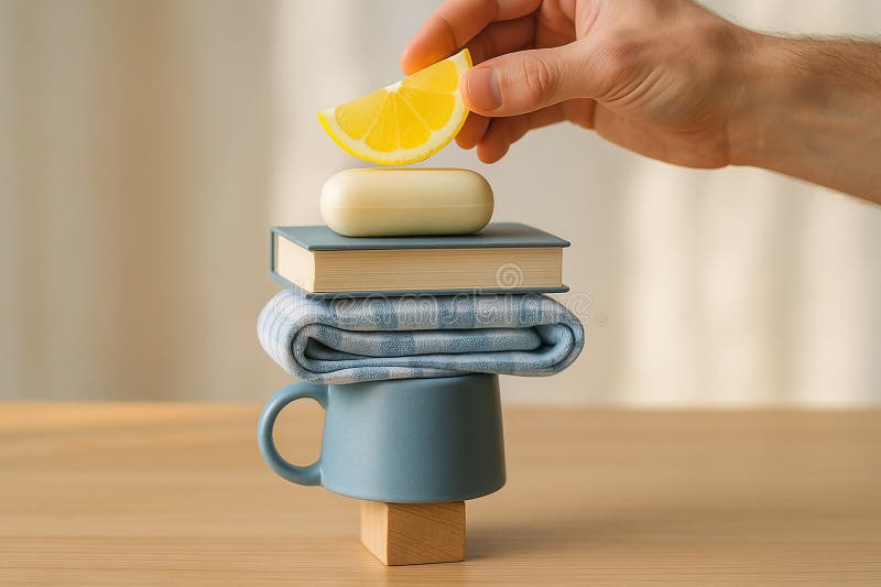 Creative Balance Stack Made of Lemon, Soap, Book, Towel, Mug and Wood ...