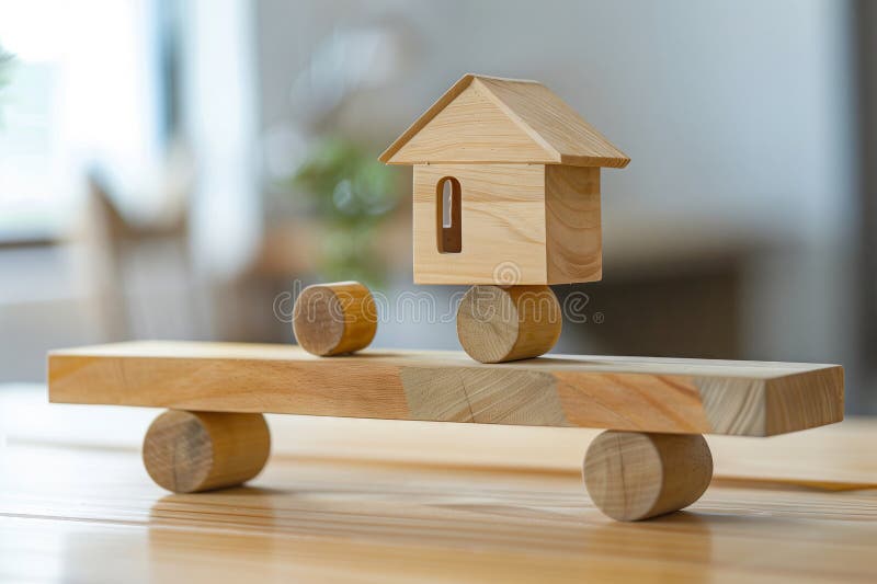 Creative Balancing Act of a Wooden Model House on a Sleek Horizontal ...