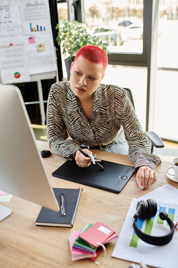 Creative Bald Woman Engaged in Digital Stock Image - Image of greenery ...