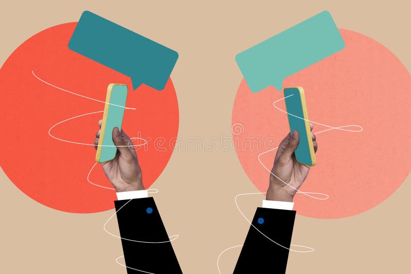 Creative Banner Collage of Two Hands Holding Smart Cell Phone Chatting ...