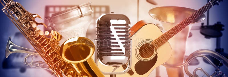 Creative Banner Design. Vintage Microphone and Different Musical ...